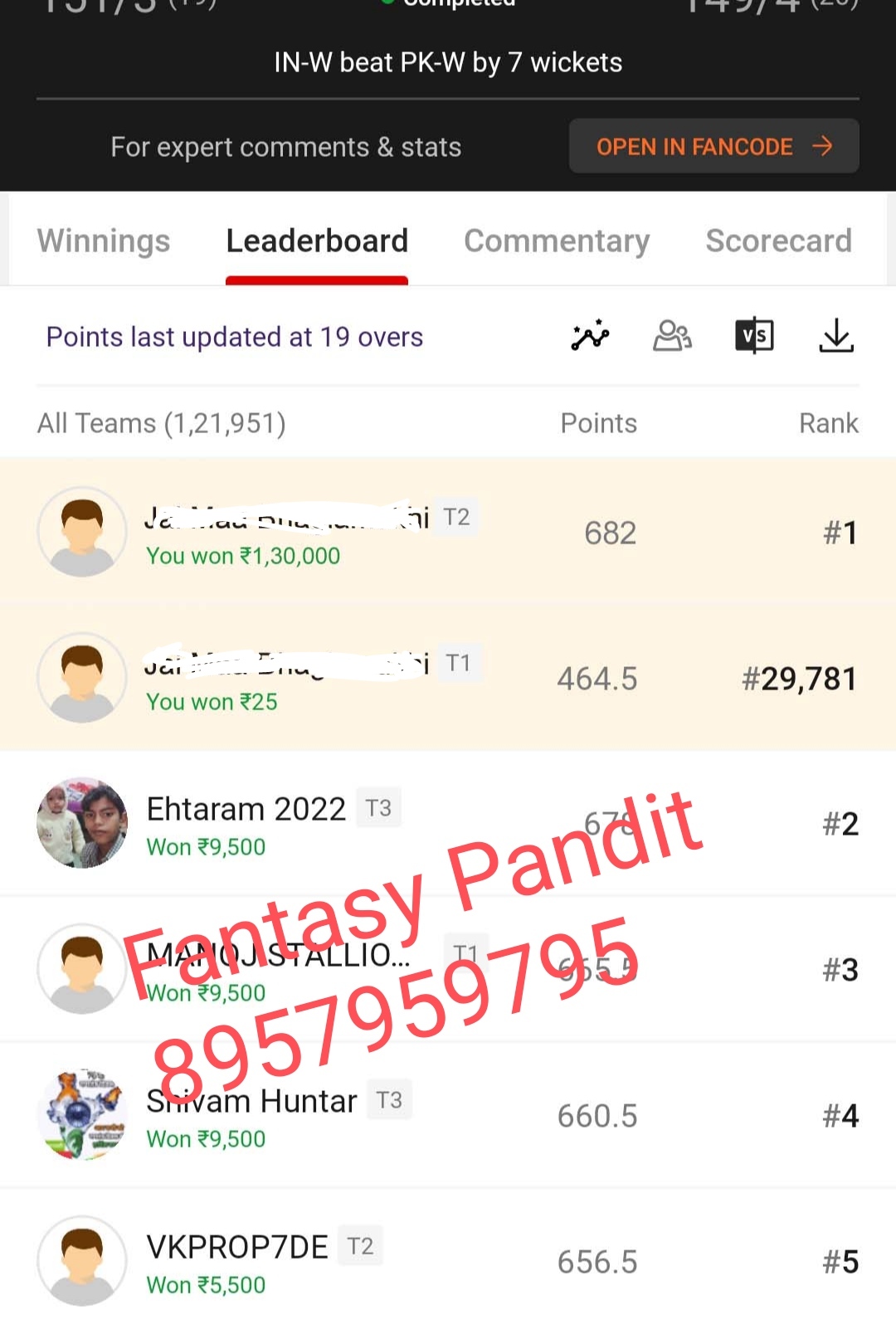 Winning screenshot, IN-W VS PK-W , Dream Team - Fantasy Pandit