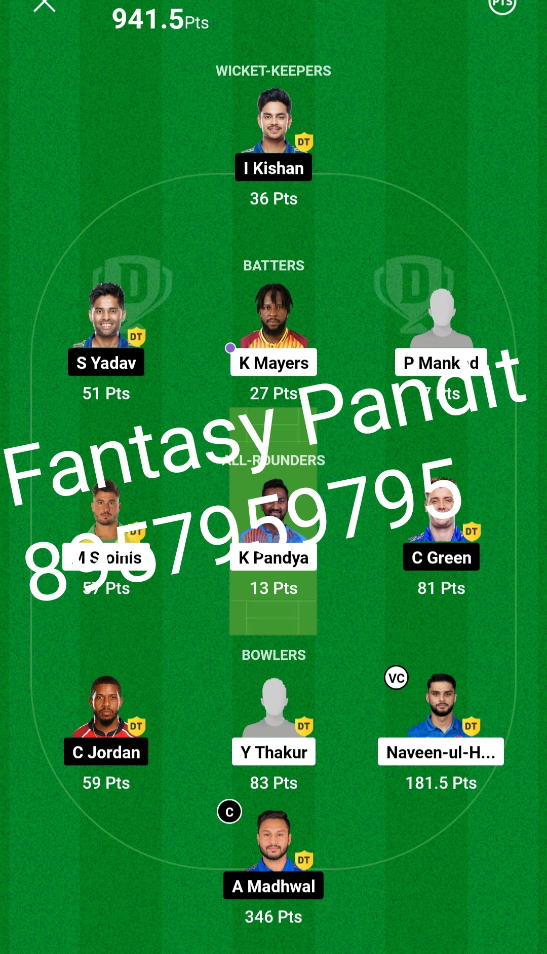 Winning screenshots, LSG VS MI , Dream Team - Fantasy Pandit